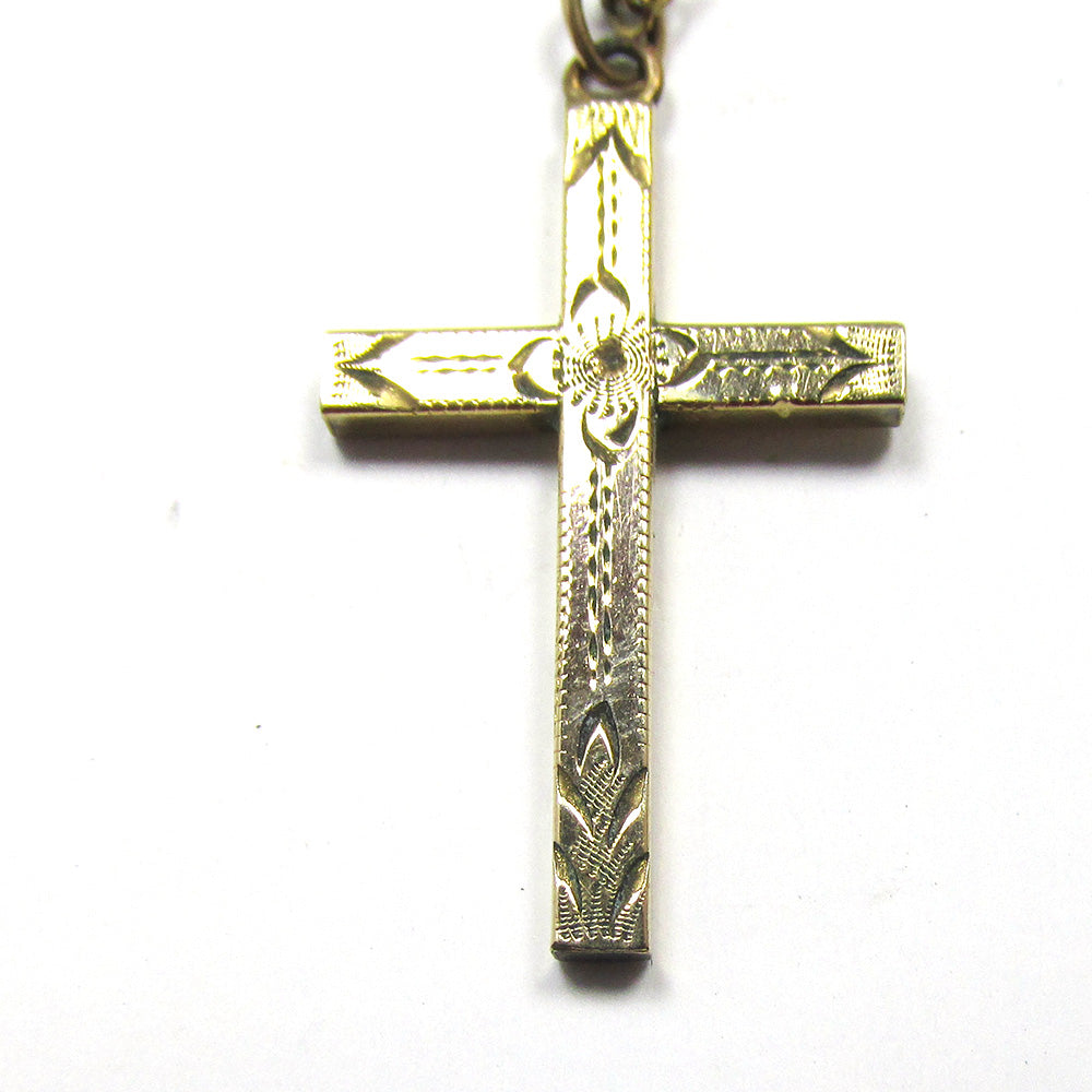 Signed 1940s Vintage Classic Mid-Century Engraved Gold Filled Cross