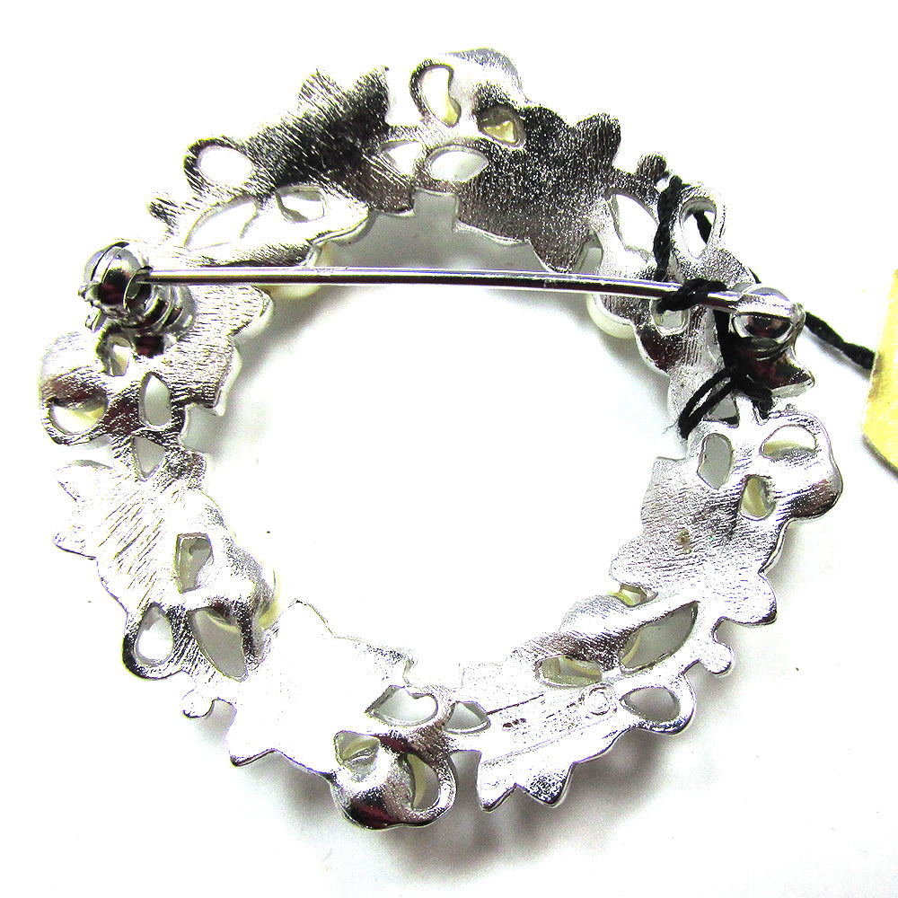 1950s Crown Trifari Mid-Century Pearl Circular Leaf Pin With Tag