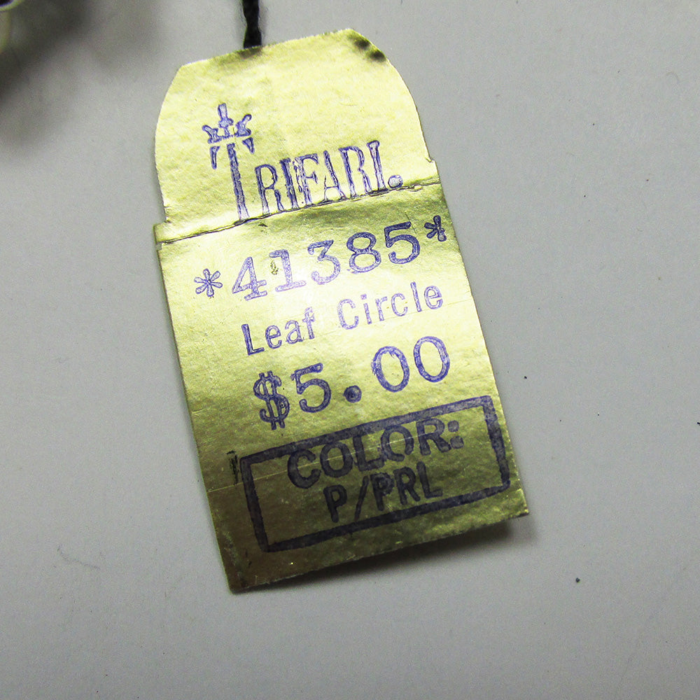 1950s Crown Trifari Mid-Century Pearl Circular Leaf Pin With Tag