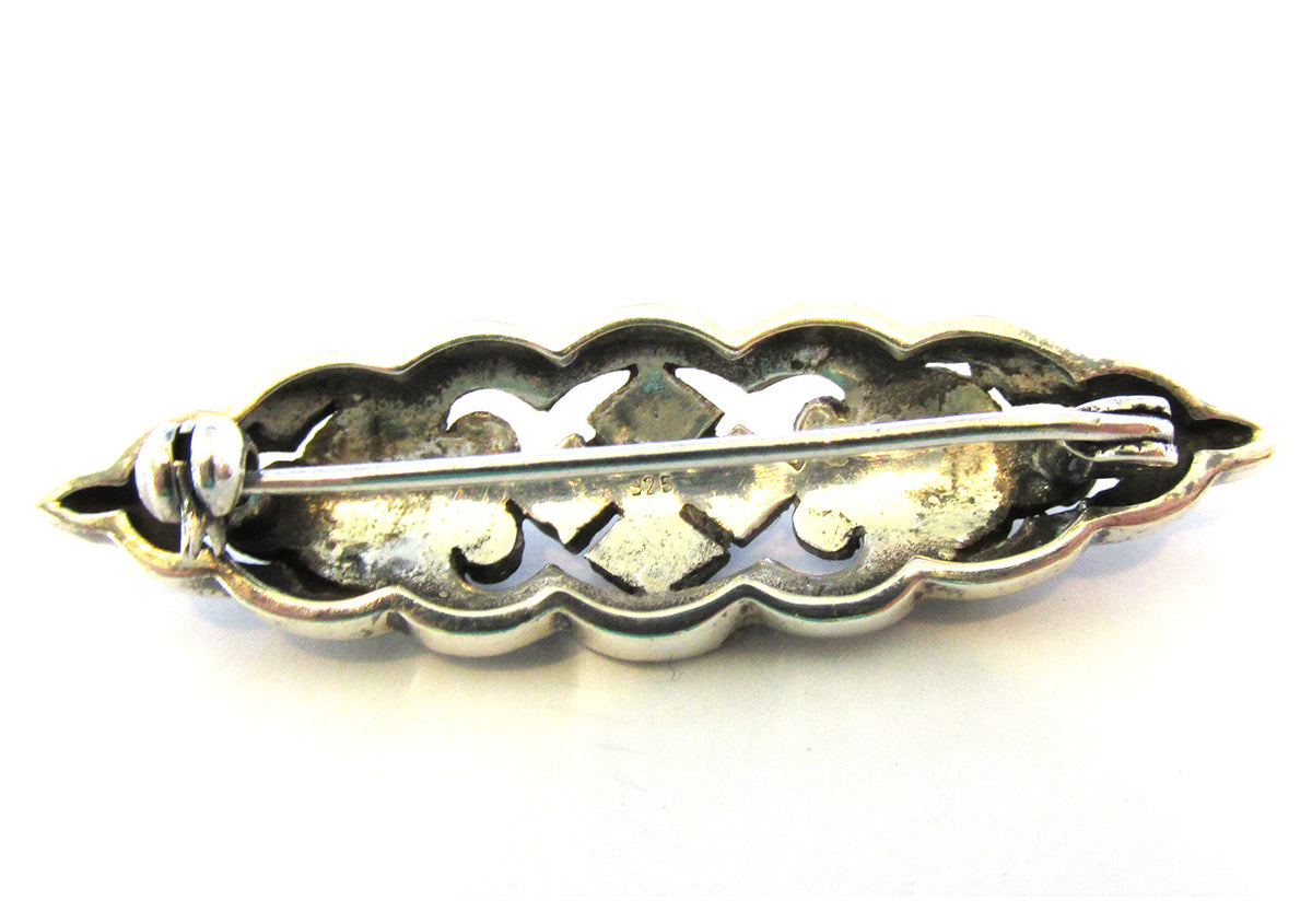 1940s Vintage Art Deco Style Onyx and Sterling Marcasite Pin