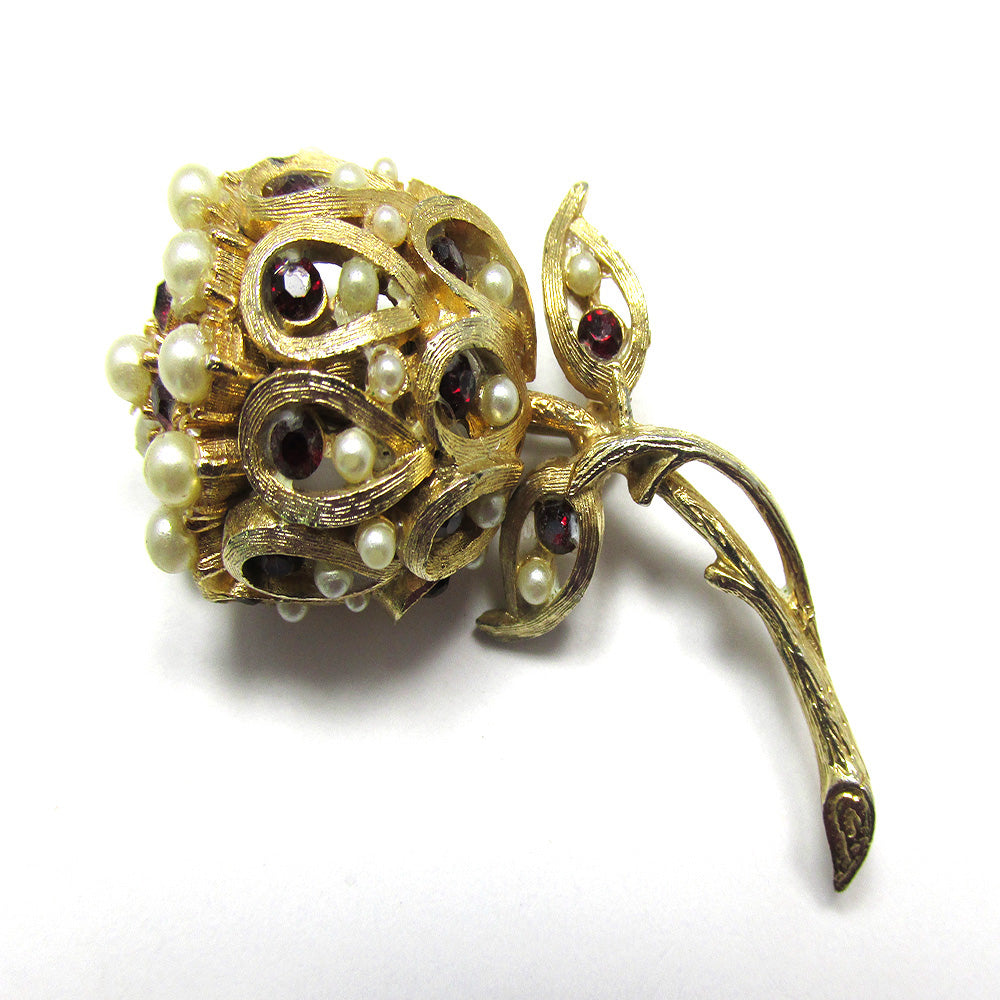 One-of-a-Kind Vintage 1950s Mid-Century Rhinestone/Pearl Flower Pin