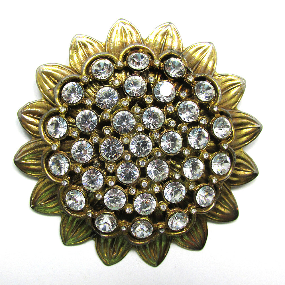 Striking 1950s Vintage Clear Rhinestone and Gold Sunflower Pin
