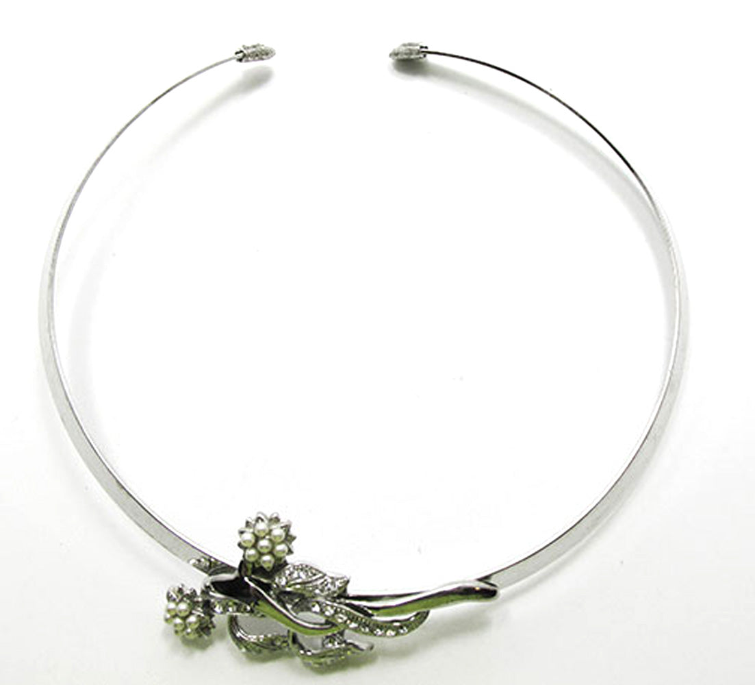 Vintage 1950s Mid-Century Pearl and Rhinestone Floral Slide Necklace