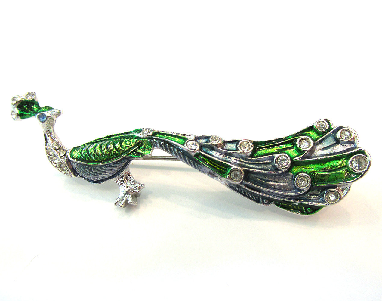 Signed Czechoslovakia Vintage 1960s Enameled Diamante Peacock Pin