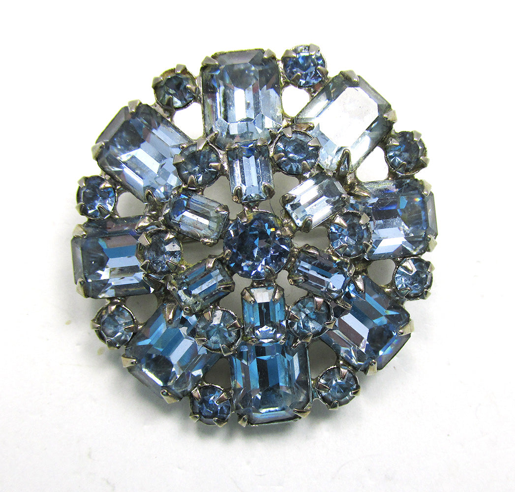 Vintage 1950s Mid-Century Unique Blue Rhinestone Floral Pin